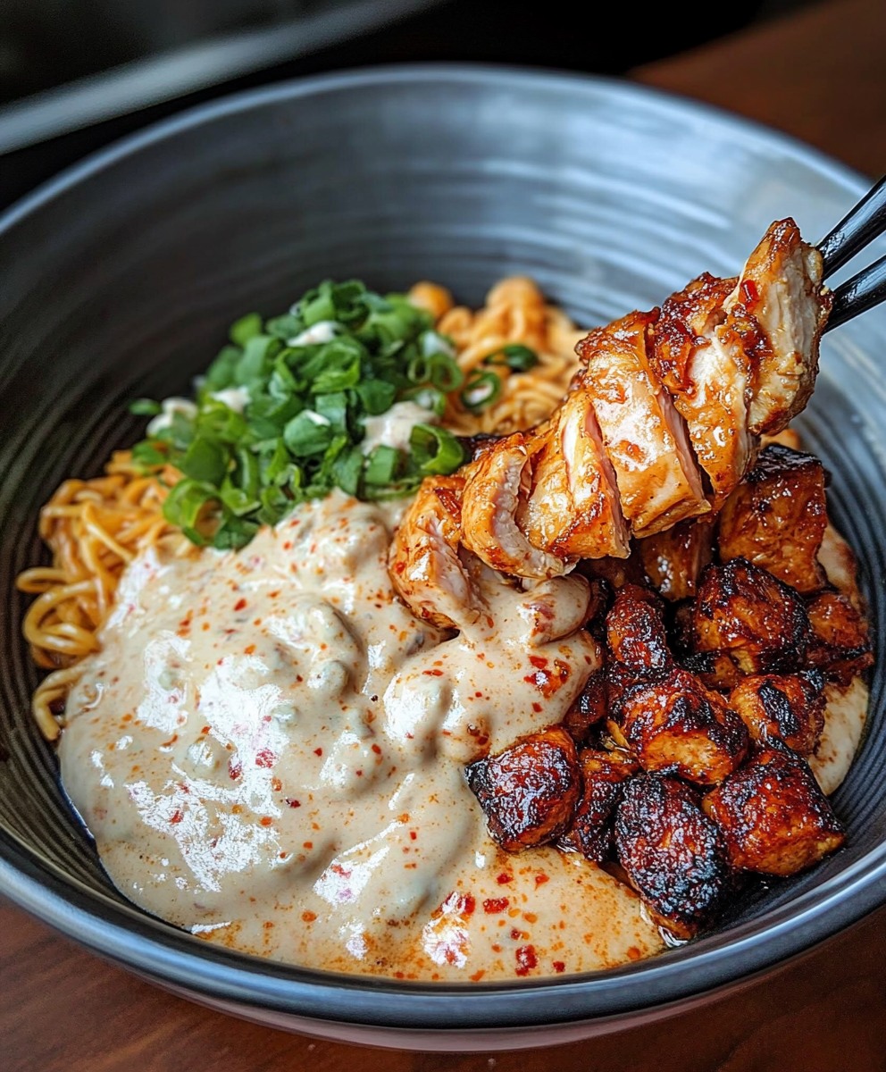 Fiery Chicken Ramen with Creamy Garlic Sauce