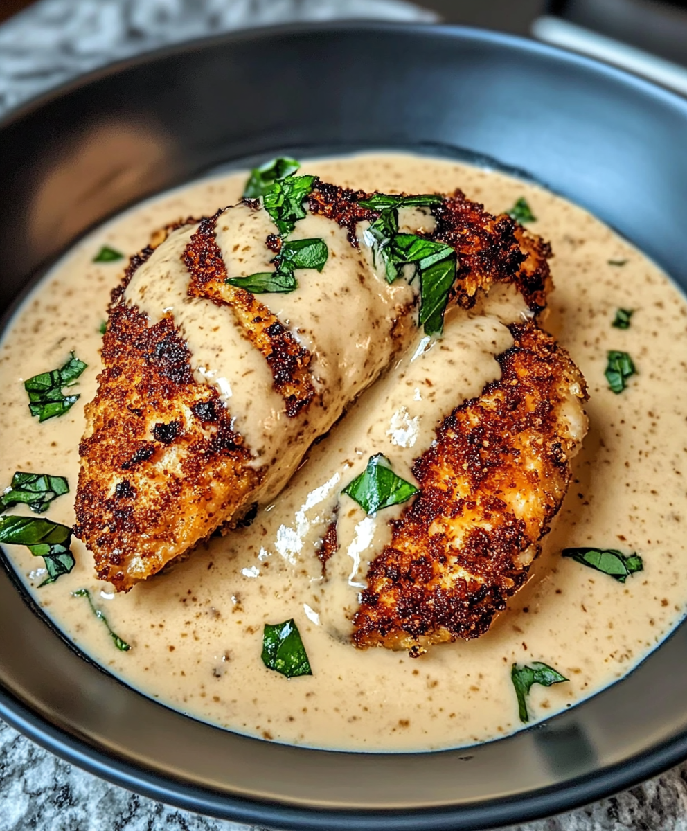 Parmesan Crusted Chicken with Creamy Garlic Sauce