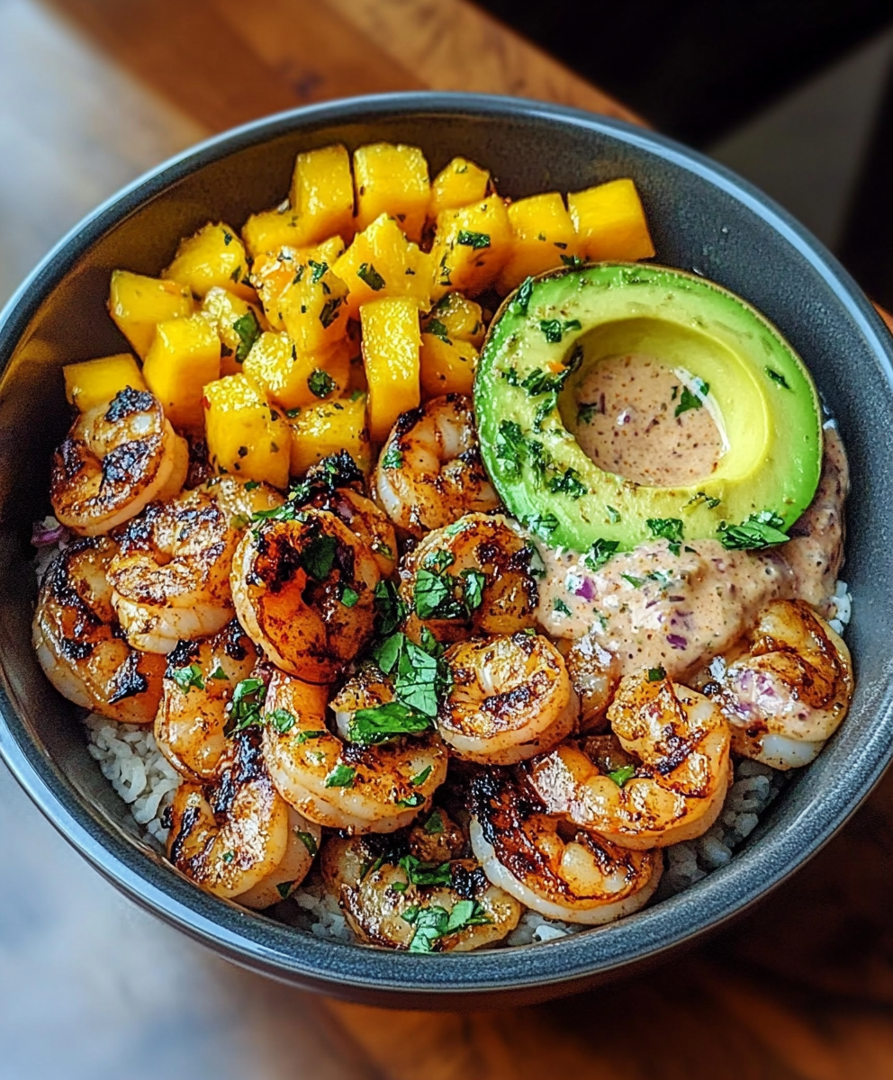 Shrimp and Avocado Bowls with Mango Salsa & Lime-Chili Sauce