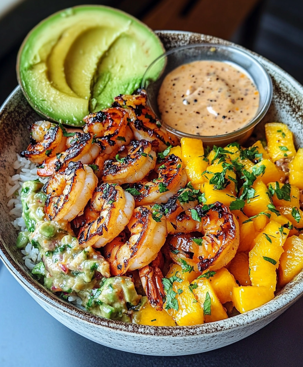 Shrimp and Avocado Bowls with Mango Salsa & Lime-Chili Sauce