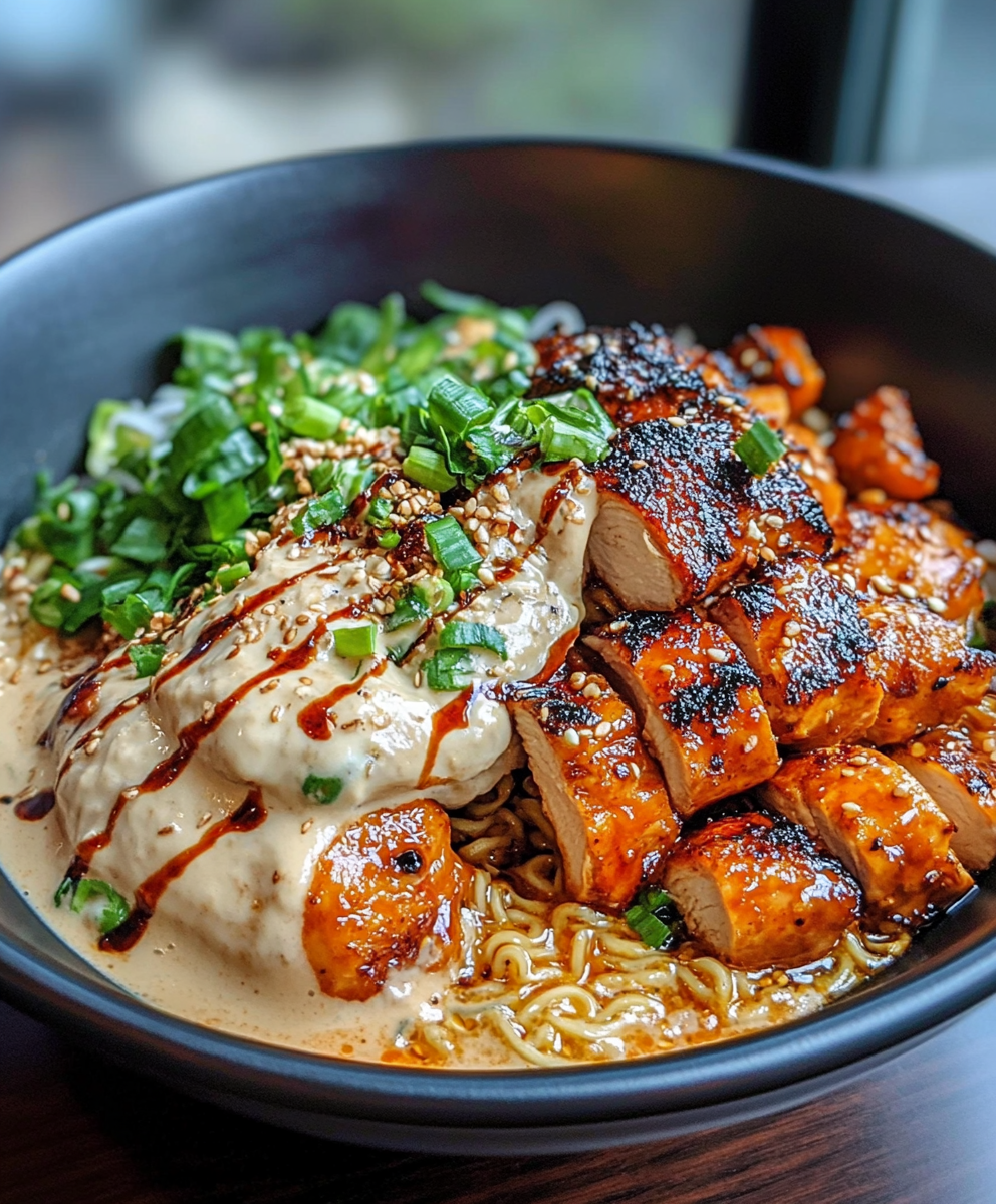 Fiery Chicken Ramen with Creamy Garlic Sauce