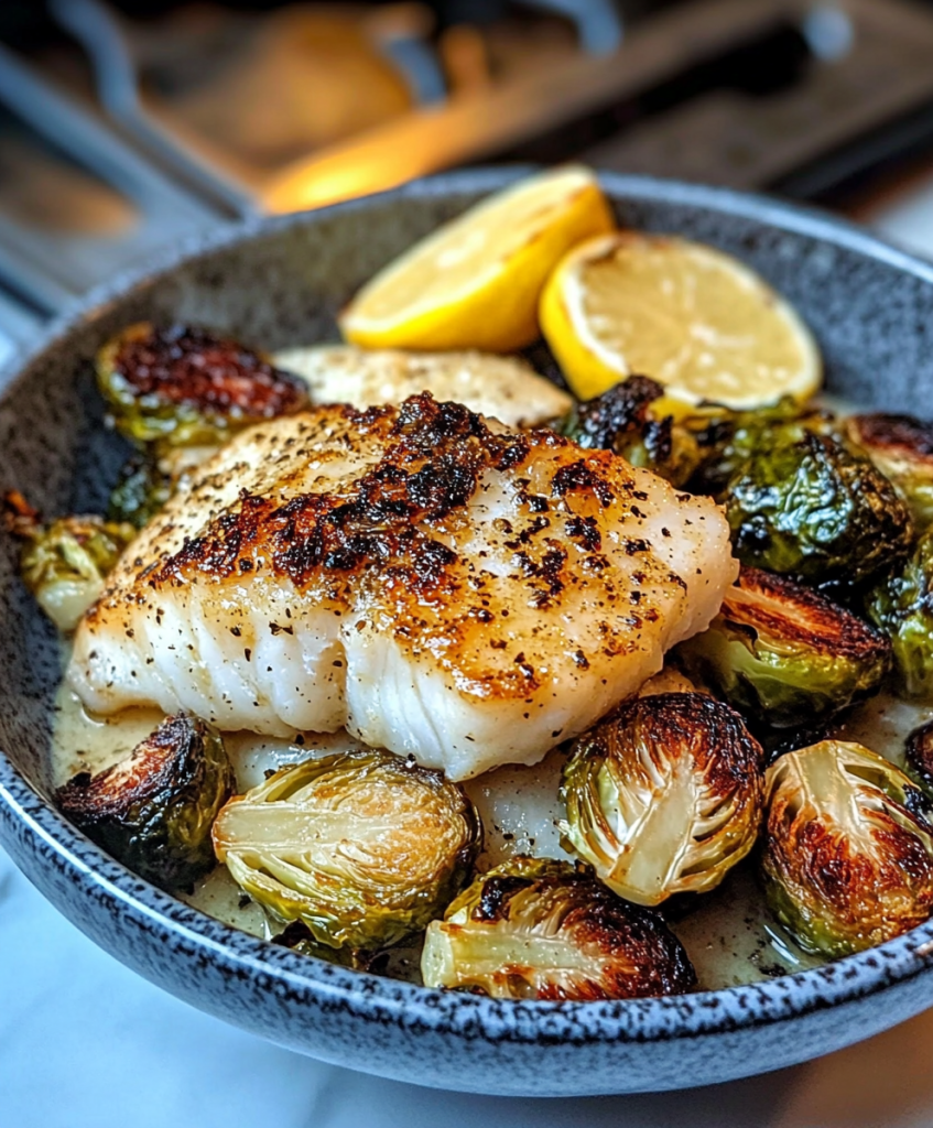 Lemon Garlic Butter Cod Bowls with Roasted Brussels Sprouts