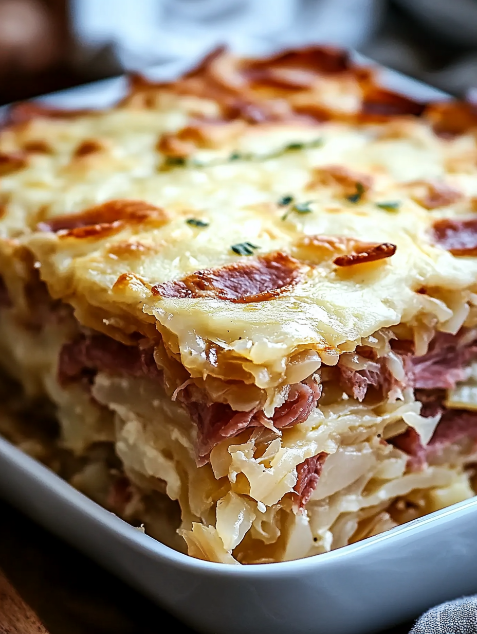 Reuben Bake with Layers of Corned Beef, Sauerkraut, and Swiss Cheese