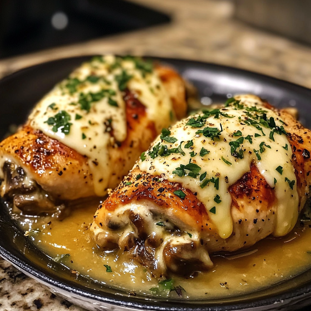 Cheesy Garlic Butter Mushroom Stuffed Chicken