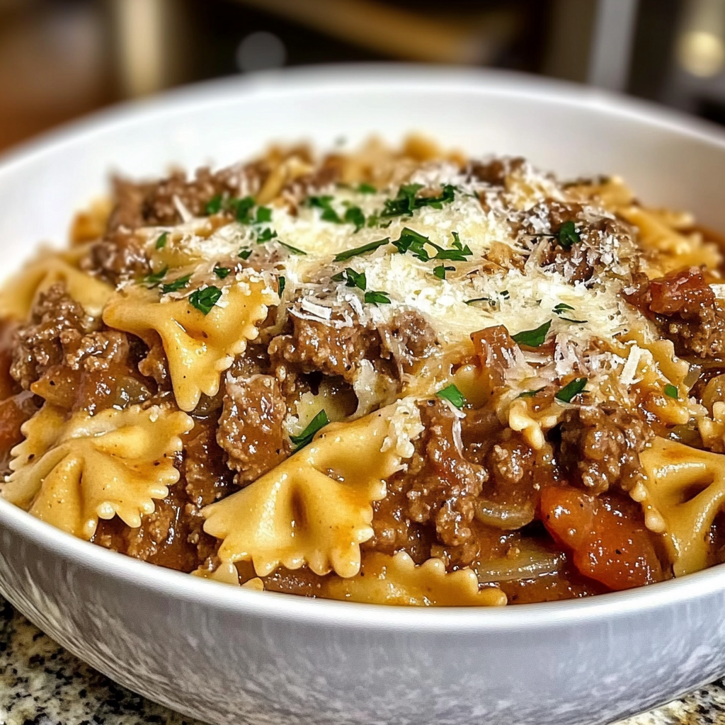 Creamy Parmesan Garlic Beef Bowtie Pasta