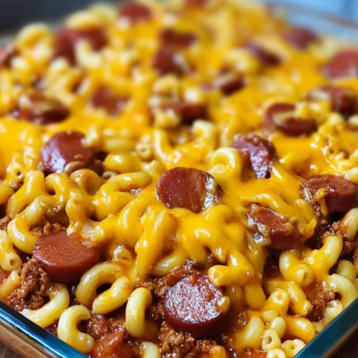 Loaded Chili Cheese Dog Pasta Bake