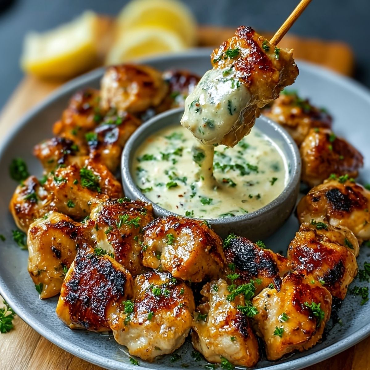 Delicious Grilled Chicken Bites with Creamy Garlic Sauce